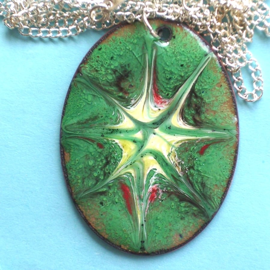 oval pendant - white, red, yellow, on green - Folksy