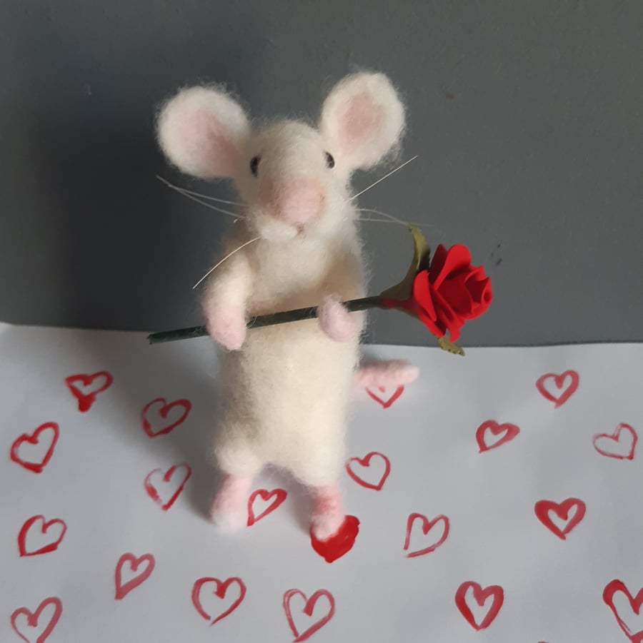 Mouse with rose, Needle felted white mouse, Val... - Folksy