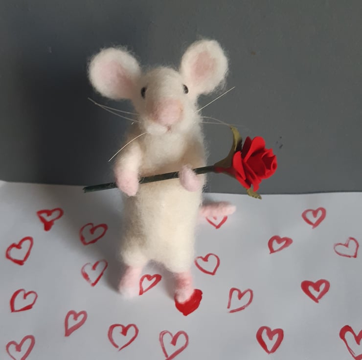 Mouse with rose, Needle felted white mouse, Val... - Folksy
