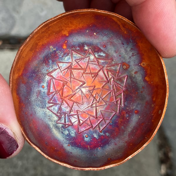 Flame painted copper bowl with hand stamped det... - Folksy