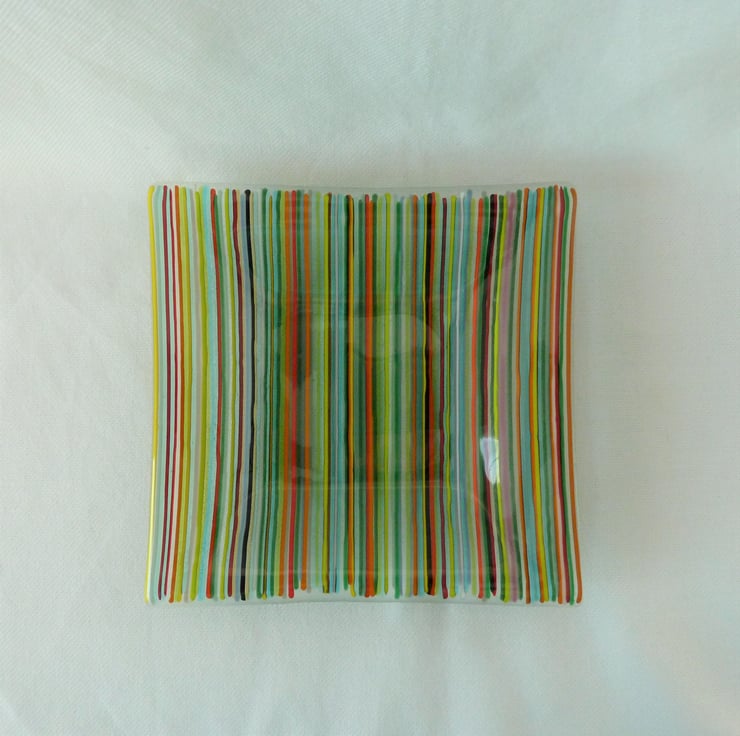 Colourful striped square fused glass dish - Folksy