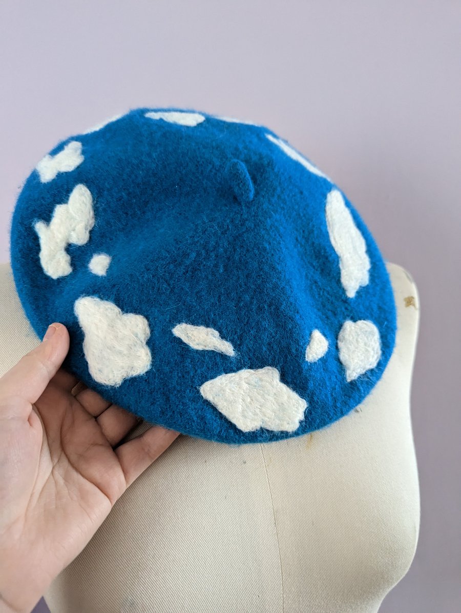 Blue sky Cloud beret - needle felted unique hat - Folksy