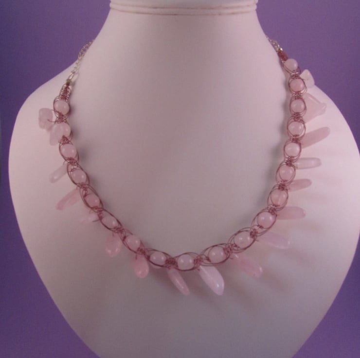 Pink Rose Quartz Macrame Necklace - Folksy