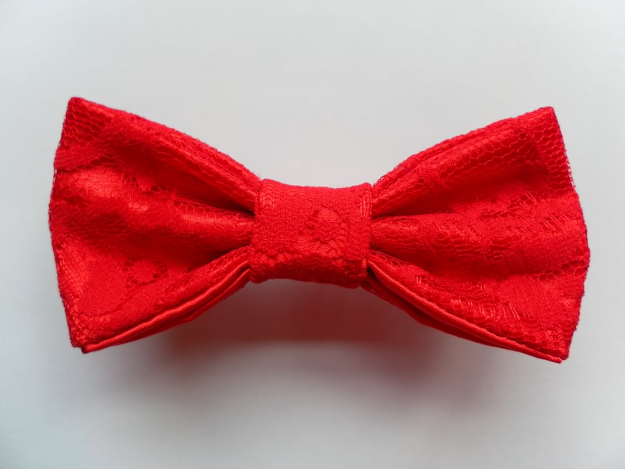 Red Lace over Satin Hair Bow - Folksy