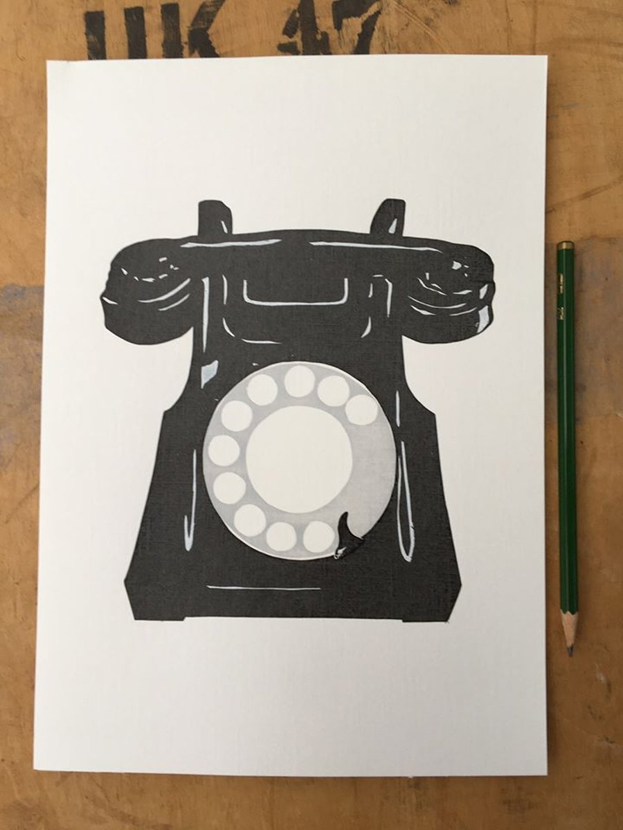 Black Retro Telephone - Handmade Silkscreen Print - Folksy