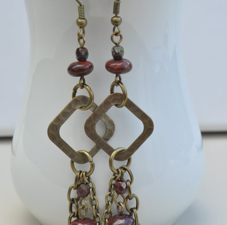 Crimson Tide Red Bead & Chain Earrings - Folksy