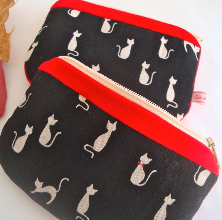 Cotton and red velvet Coin Purse - Cat coin Pu... - Folksy