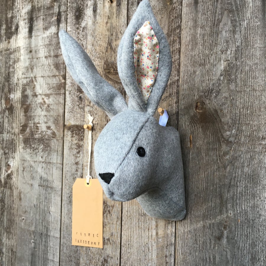 Wall mounted Rabbit head - Grey with patterned ... - Folksy