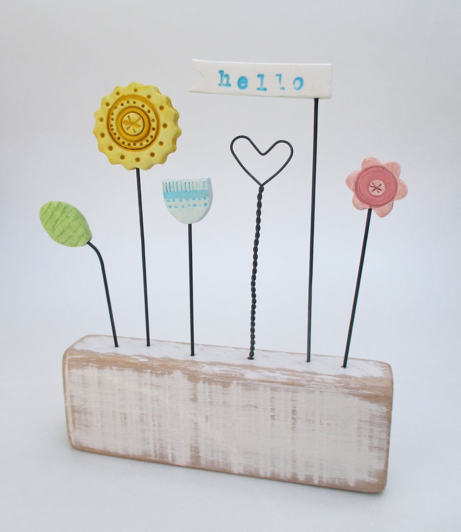 SALE - Clay Flower Garden with 'Hello' Banner - Folksy