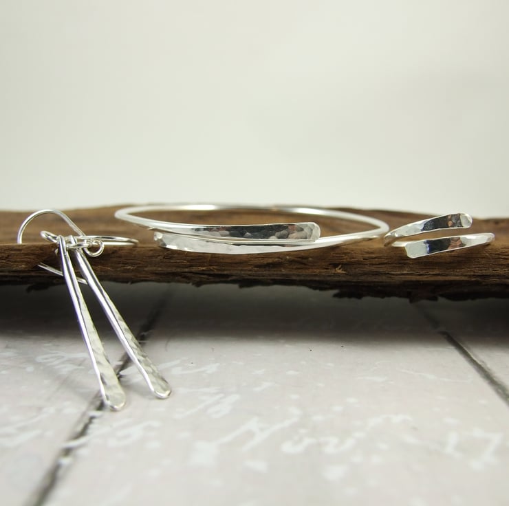 Silver Simple Hammered Jewellery Set. Bangle, E... - Folksy