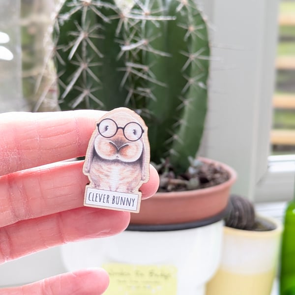 Wooden Pin Badge, Cute Clever Bunny - Folksy