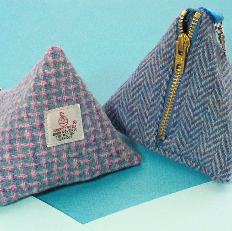 Harris tweed purse pyramid coin purse blue pink... - Folksy
