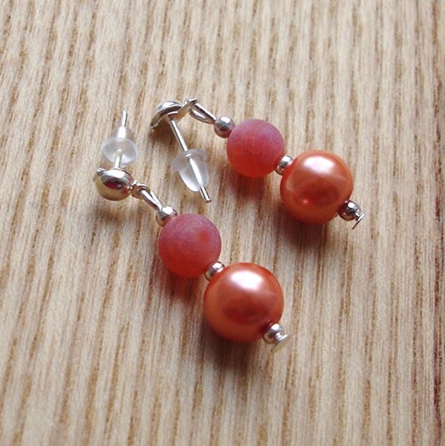 Orange Agate and Glass Pearl Bead Earrings - Folksy
