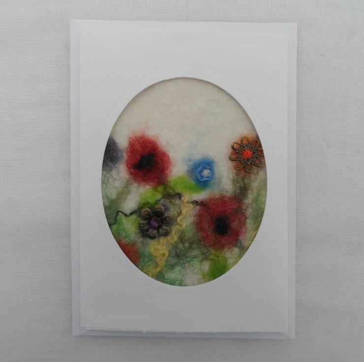 Greetings Card, felted with beaded flowers (ova... - Folksy