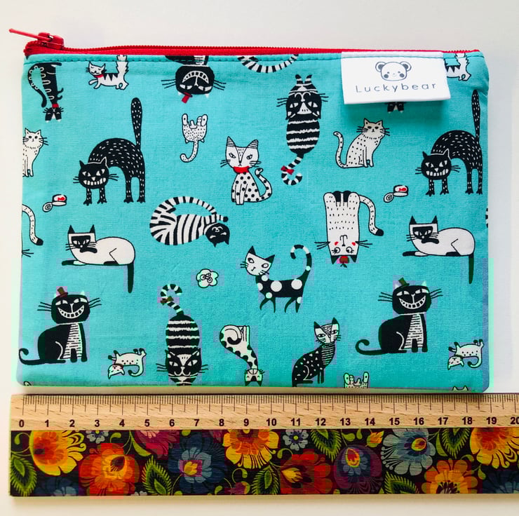 Jade green cat print pouch, fun cat pouch, gift... - Folksy