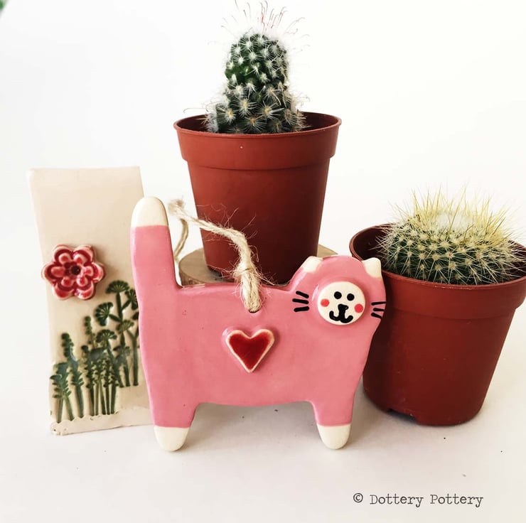 Pottery Cat hanging decoration ceramic cat - Folksy
