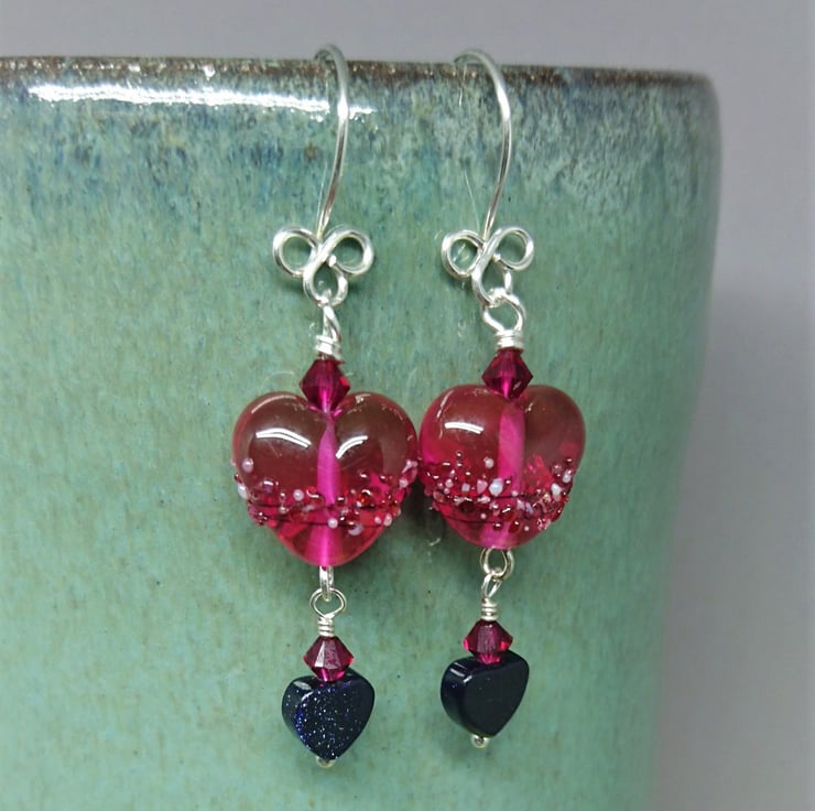 Sterling silver fuschia pink heart earrings - Folksy