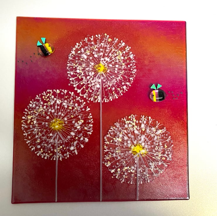Fused glass dandelion art panel in oak base - Folksy
