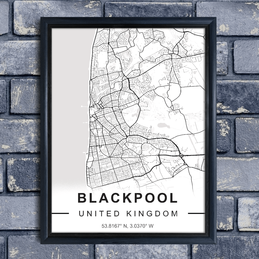 Map of BLACKPOOL, Cityscape Poster, Black and W... - Folksy