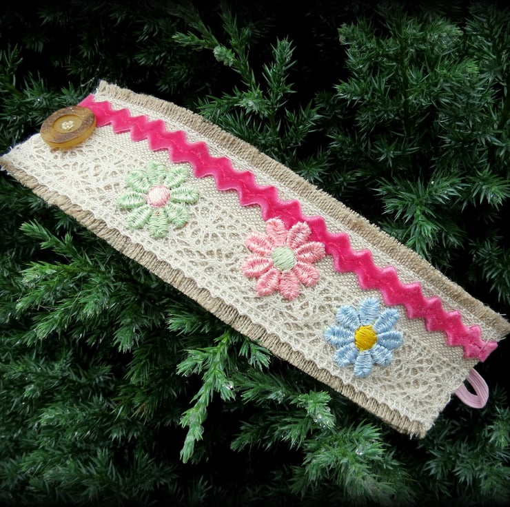 A linen and lace fabric cuff bracelet. - Folksy