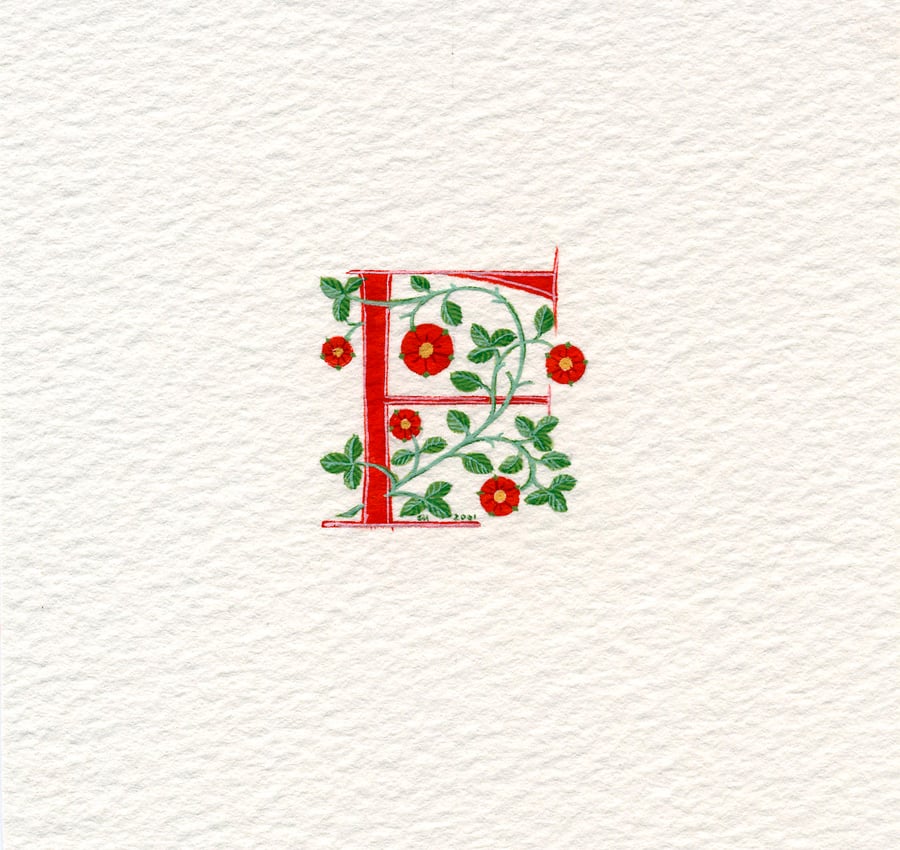 Letter 'F' in red with heraldic roses handmade ... - Folksy