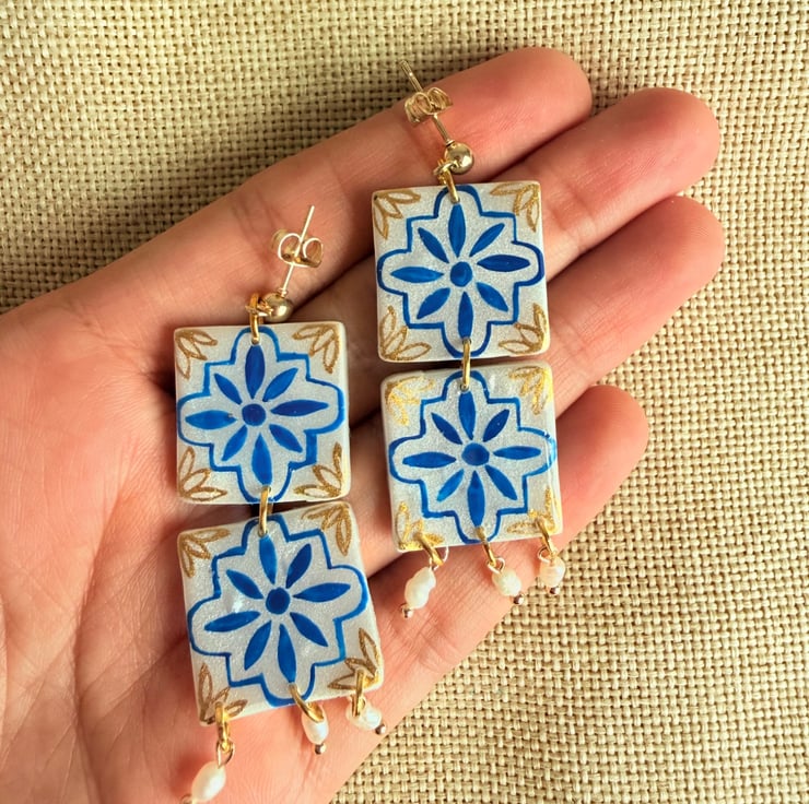 SOFIA - Portuguese Tile Rice Pearl Dangle State... - Folksy