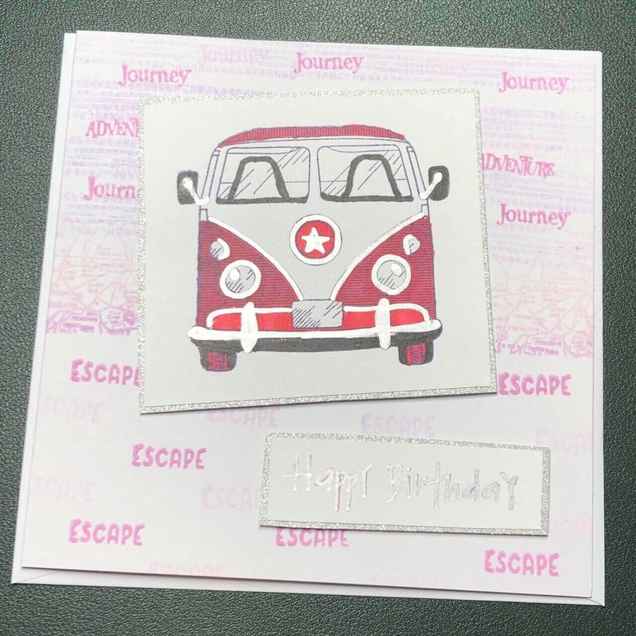 Red camper van birthday card - Folksy
