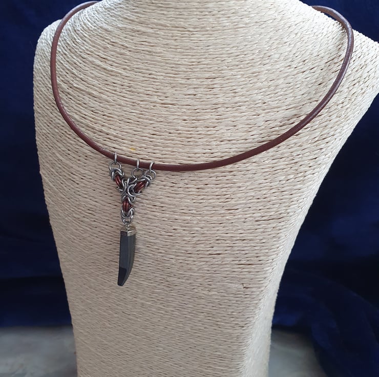 Haematite Sharks Tooth & Chainmail Leather ... - Folksy
