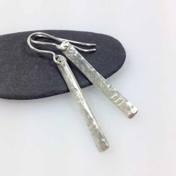 Notched Pins ,long silver earrings - Folksy