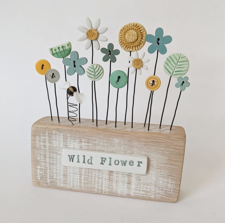 Clay and Button Garden with Bee in Wood Block '... - Folksy