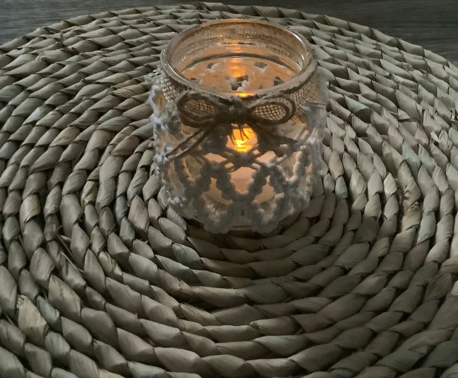 Macrame lace style glass jar tea-light holder - Folksy