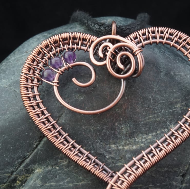 Copper Wire Weave Heart Pendant with Amethyst b... - Folksy