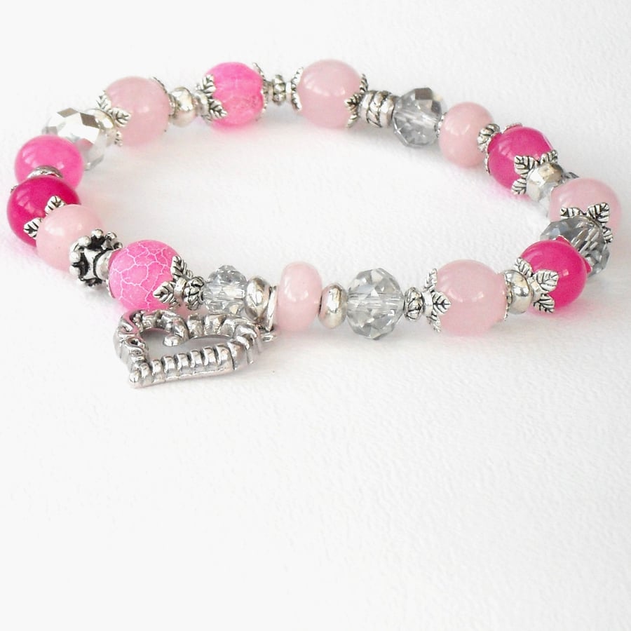 Pink gemstone and crystal handmade bracelet - Folksy
