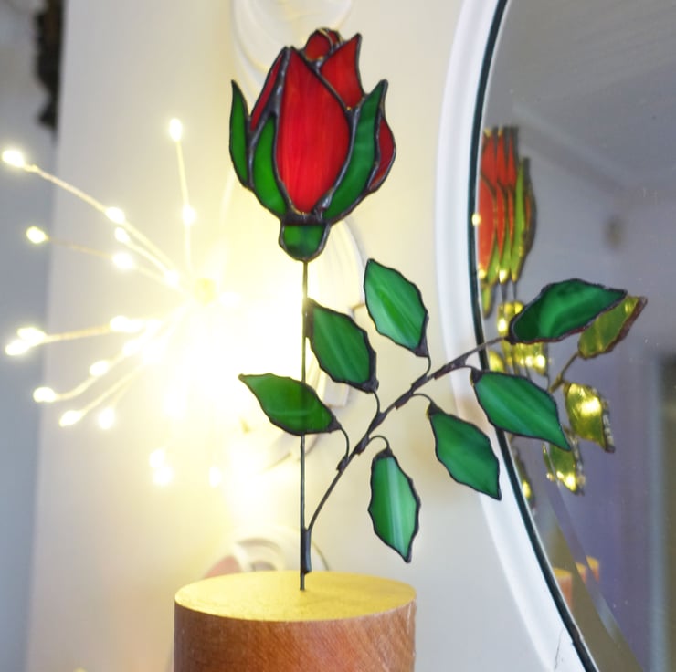 Stained Glass Single Red Rose Glass Art on soli... - Folksy