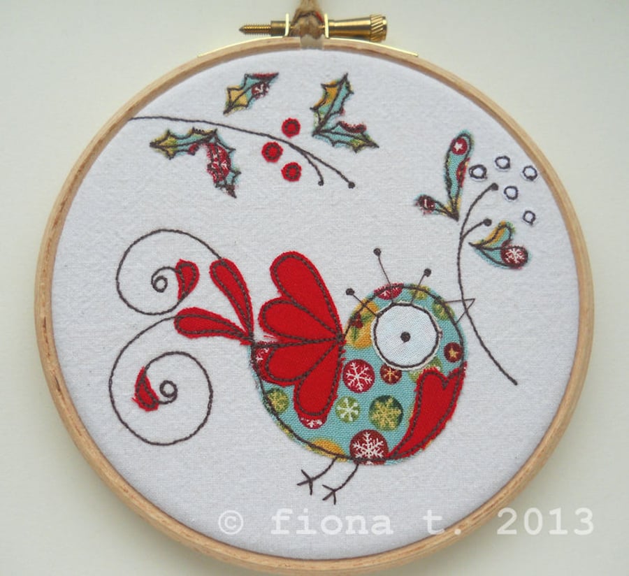 christmas embroidered bird hoop - Folksy