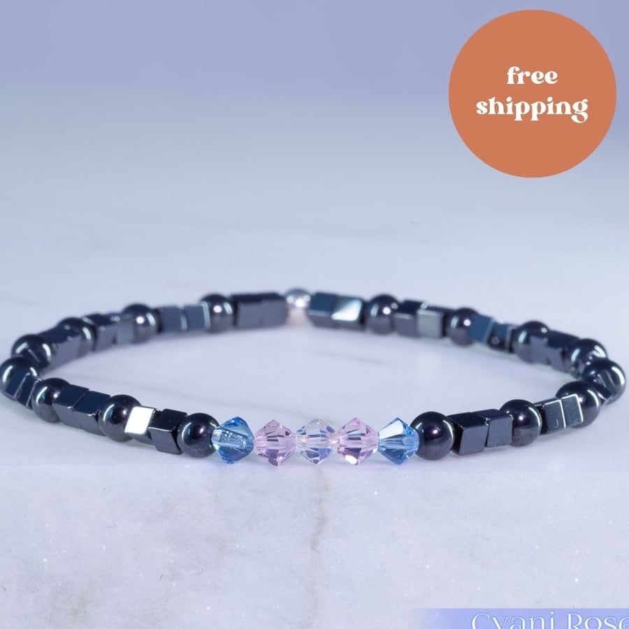 Bracelet transgender pride Hematite and Swarov... - Folksy