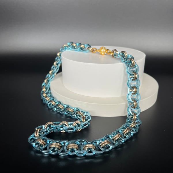 Sky blue and antique gold chainmaille necklace - Folksy