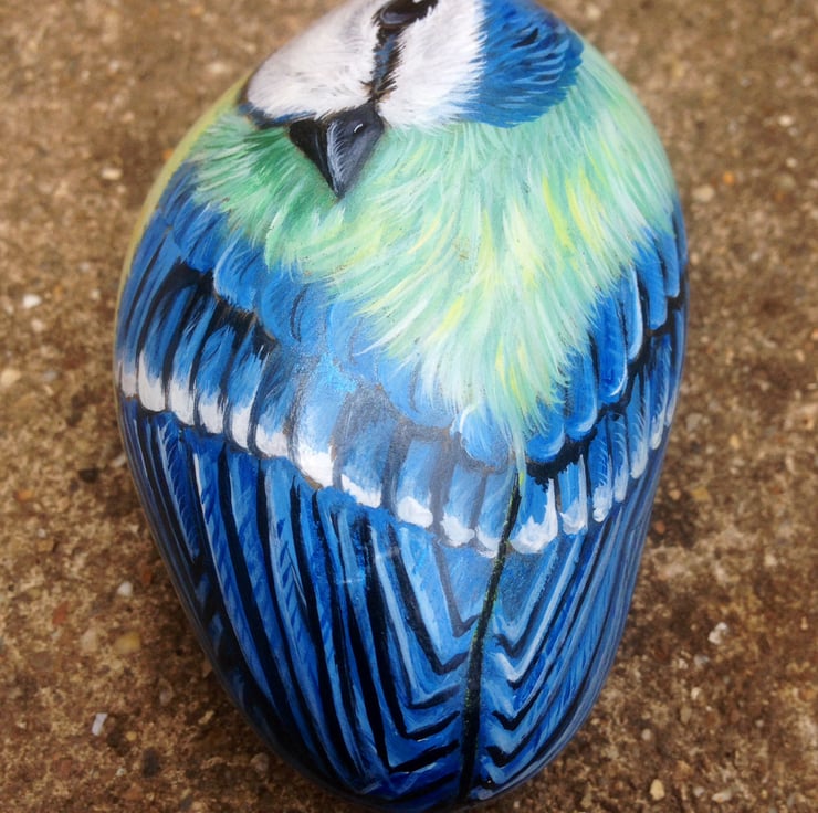 Bluetit hand painted rock bird - Folksy