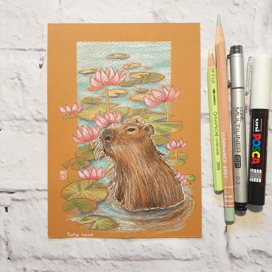 Capybara in a waterlily pond artwork, small cap... - Folksy