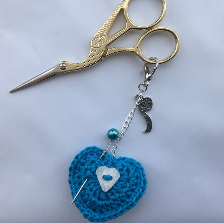 Scissor Keeper Fob with Crochet Heart in Turquoise - Folksy