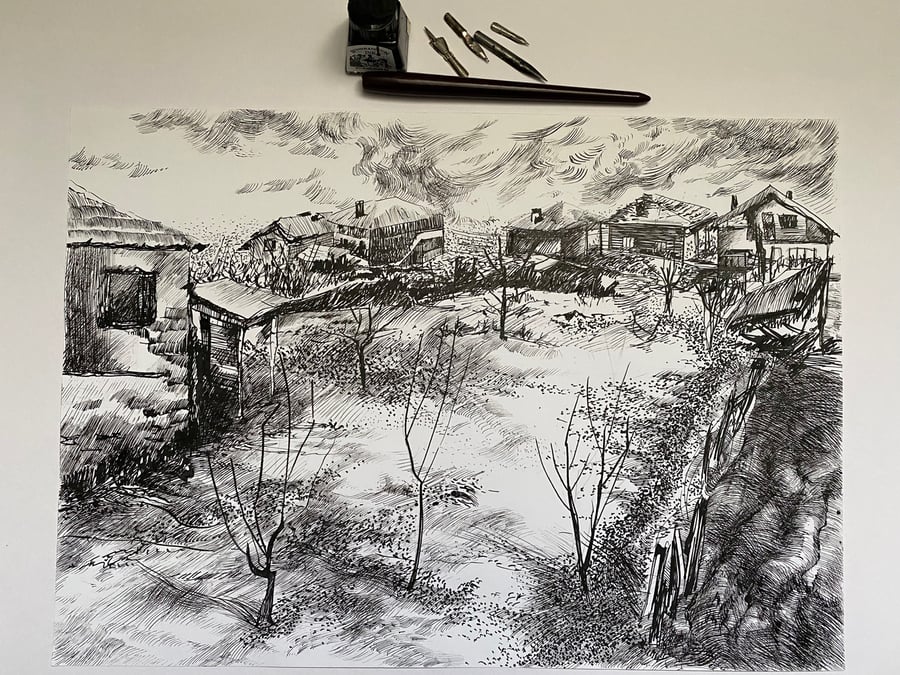 Silence.Silent night.Winter landscape.Hand draw... - Folksy