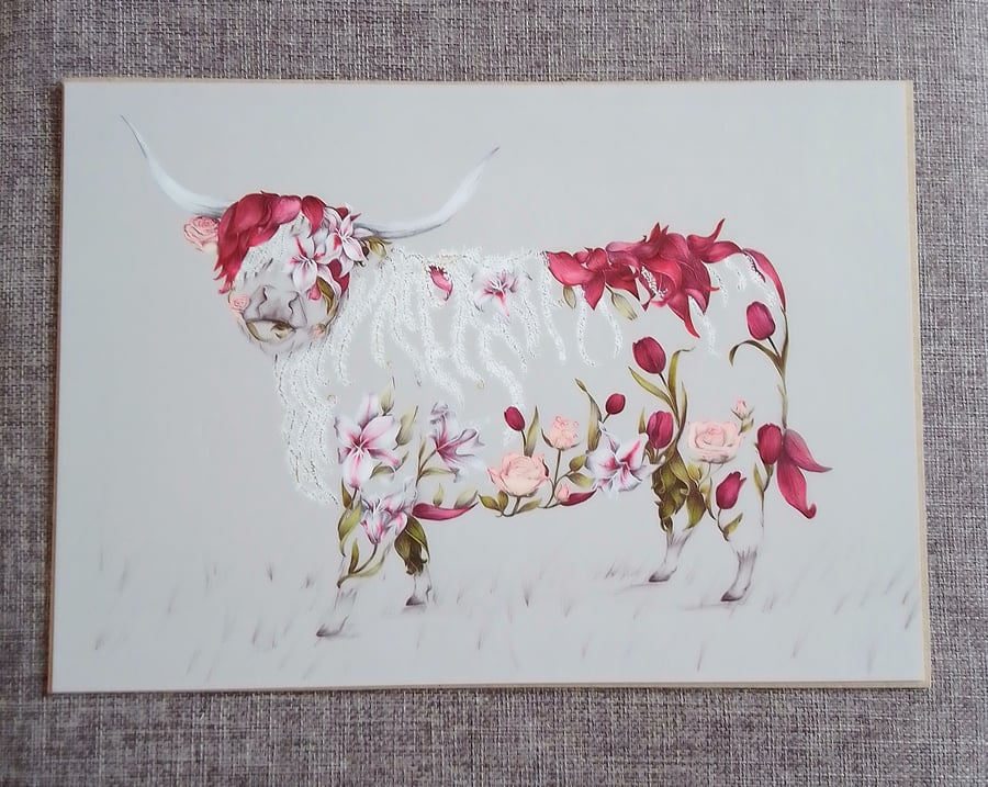 Print, A4 Floral Highland Cow, Bonnie - Folksy