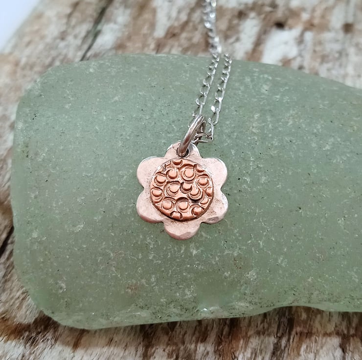 Sterling Silver and Copper Flower Pendant Neckl... - Folksy