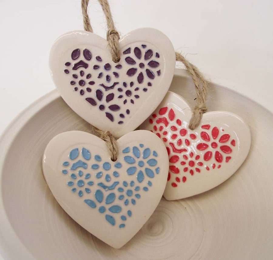 Ceramic Heart decorations set of three - Folksy