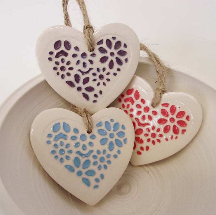 Ceramic Heart decorations set of three - Folksy
