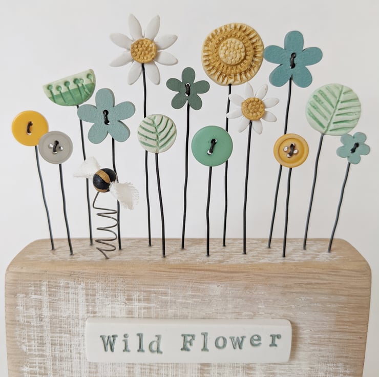 Clay and Button Garden with Bee in Wood Block '... - Folksy