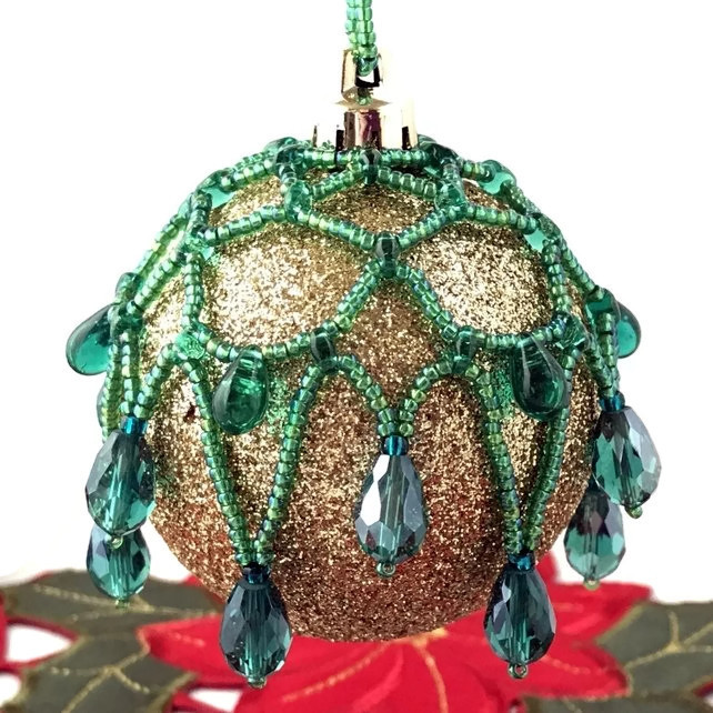 Green, Crystal & Gold Glitter Beaded Bauble - Folksy