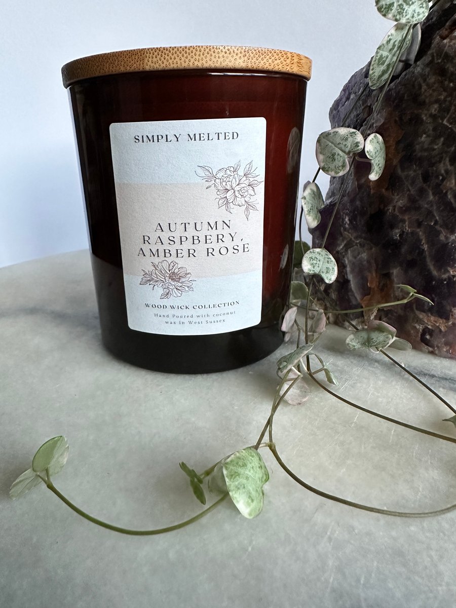 Autumn Raspberry and Amber Rose Wood Wick Candl... - Folksy