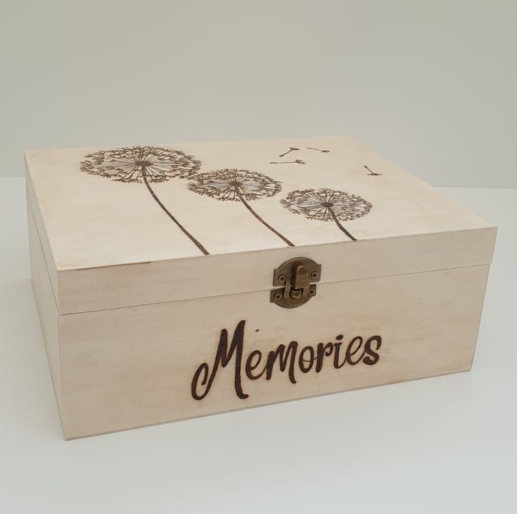 Wooden memory box with pyrography dandelion clo... - Folksy
