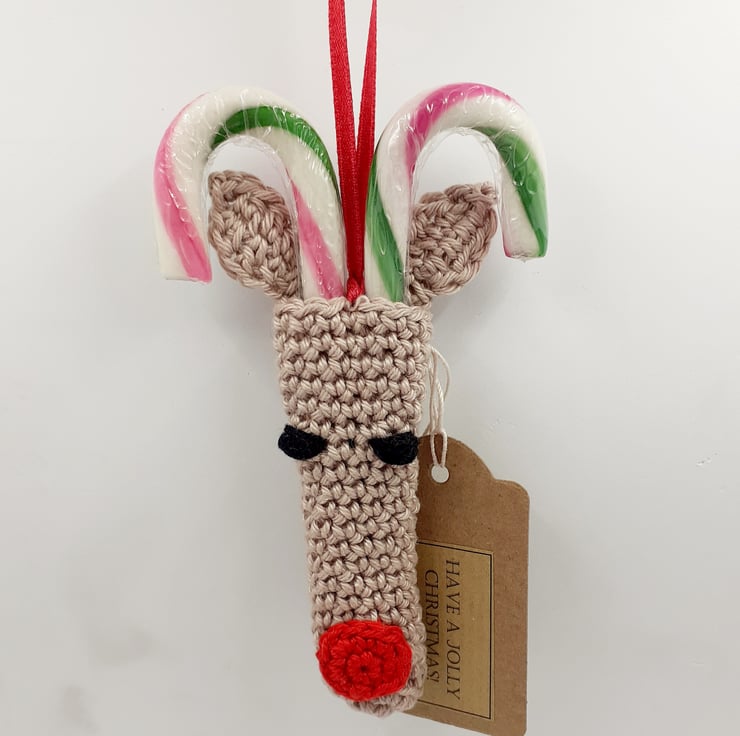 Crochet Rudolph Candy Cane Decoration - Folksy